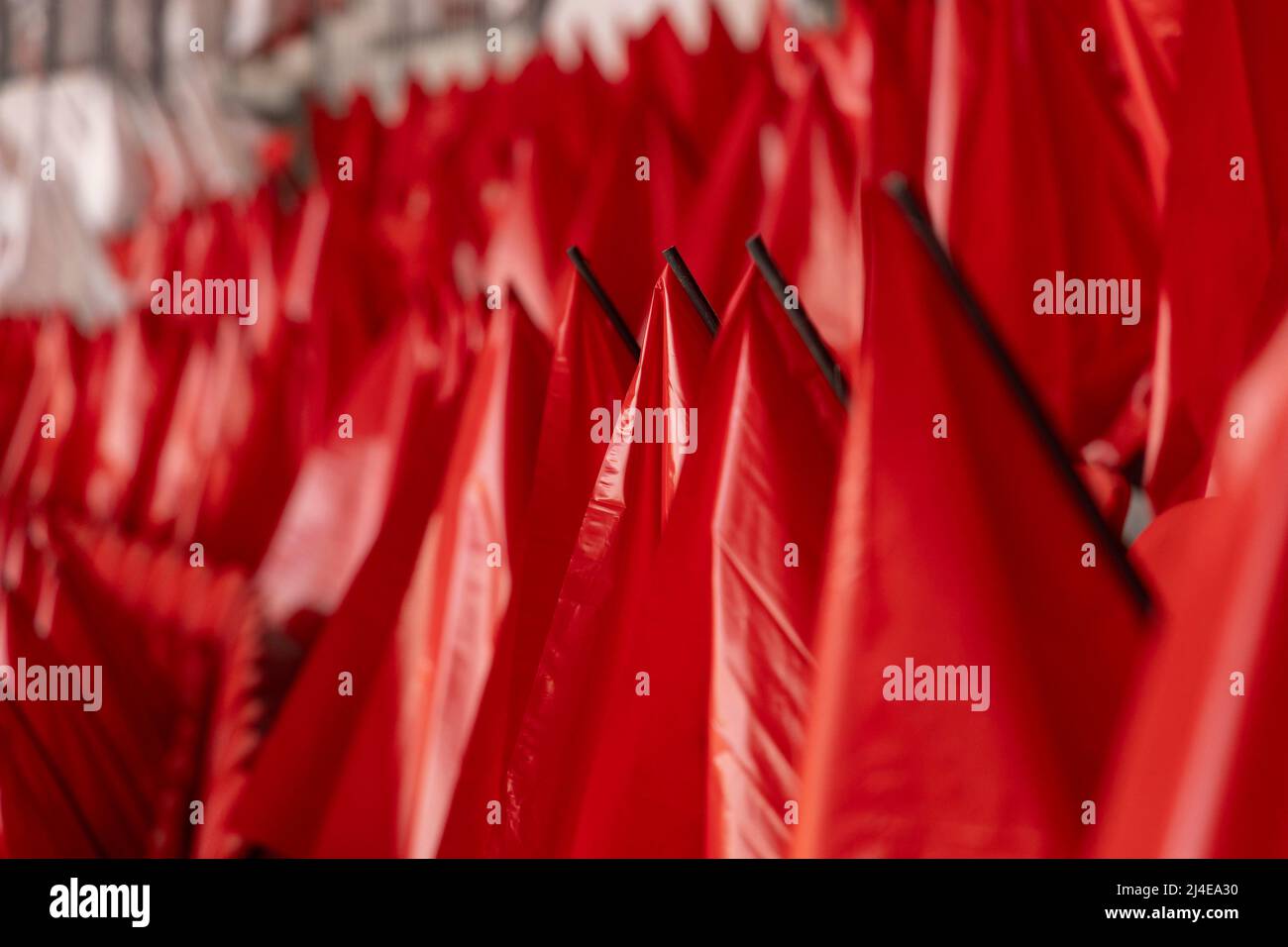 Lyon, France. 14th Apr, 2022. A general view (GV) of free flags in the ...