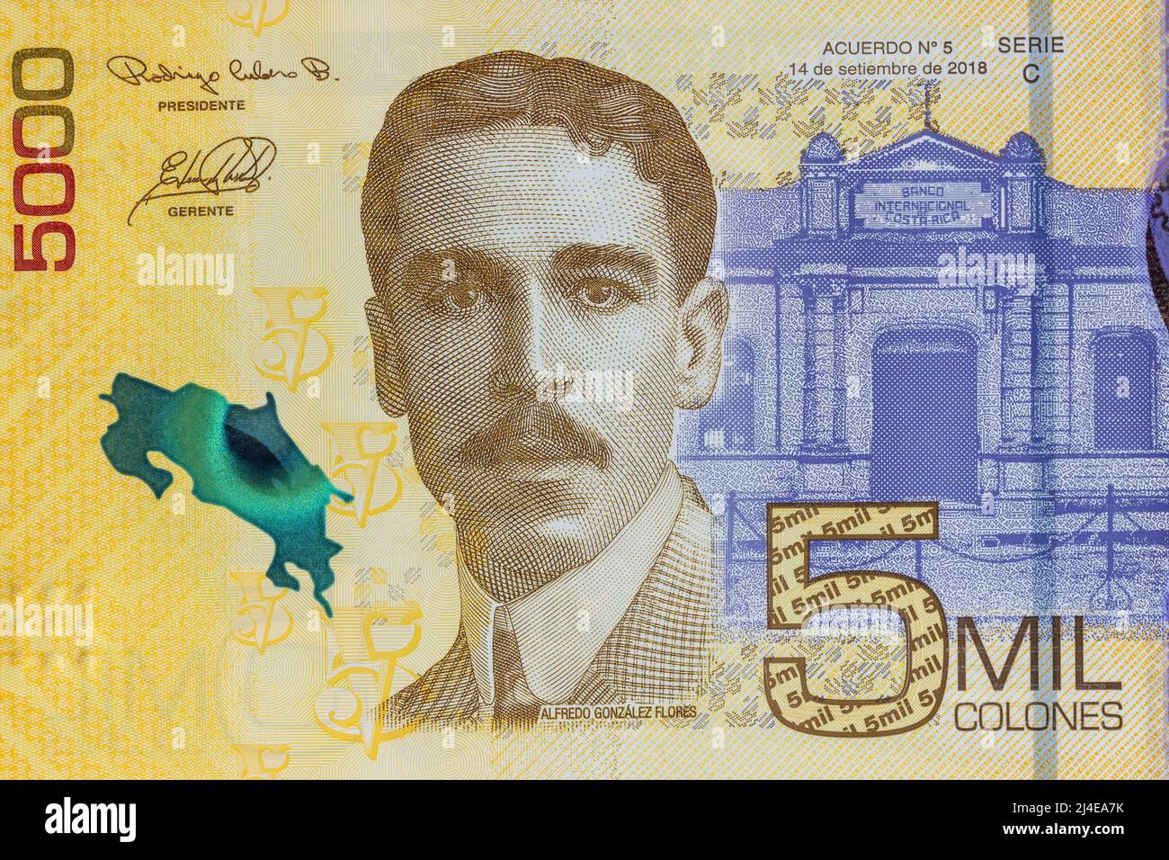Costa Rica, New 5000 colonow banknote, close up, Front of money Stock ...