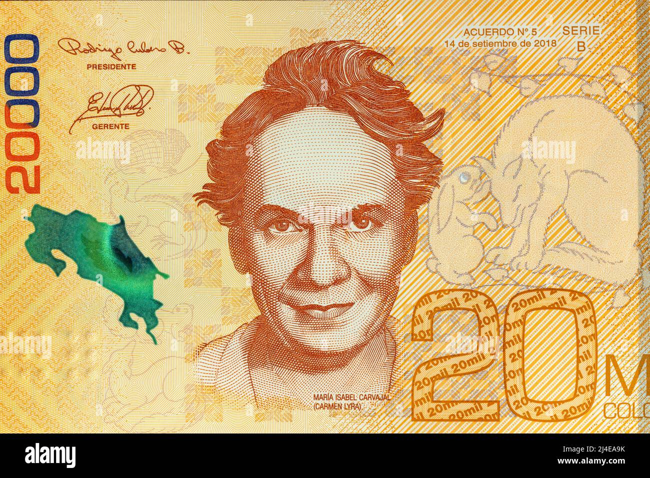 Costa Rica, New Banknote of twenty thousand colons, close up, Front of ...