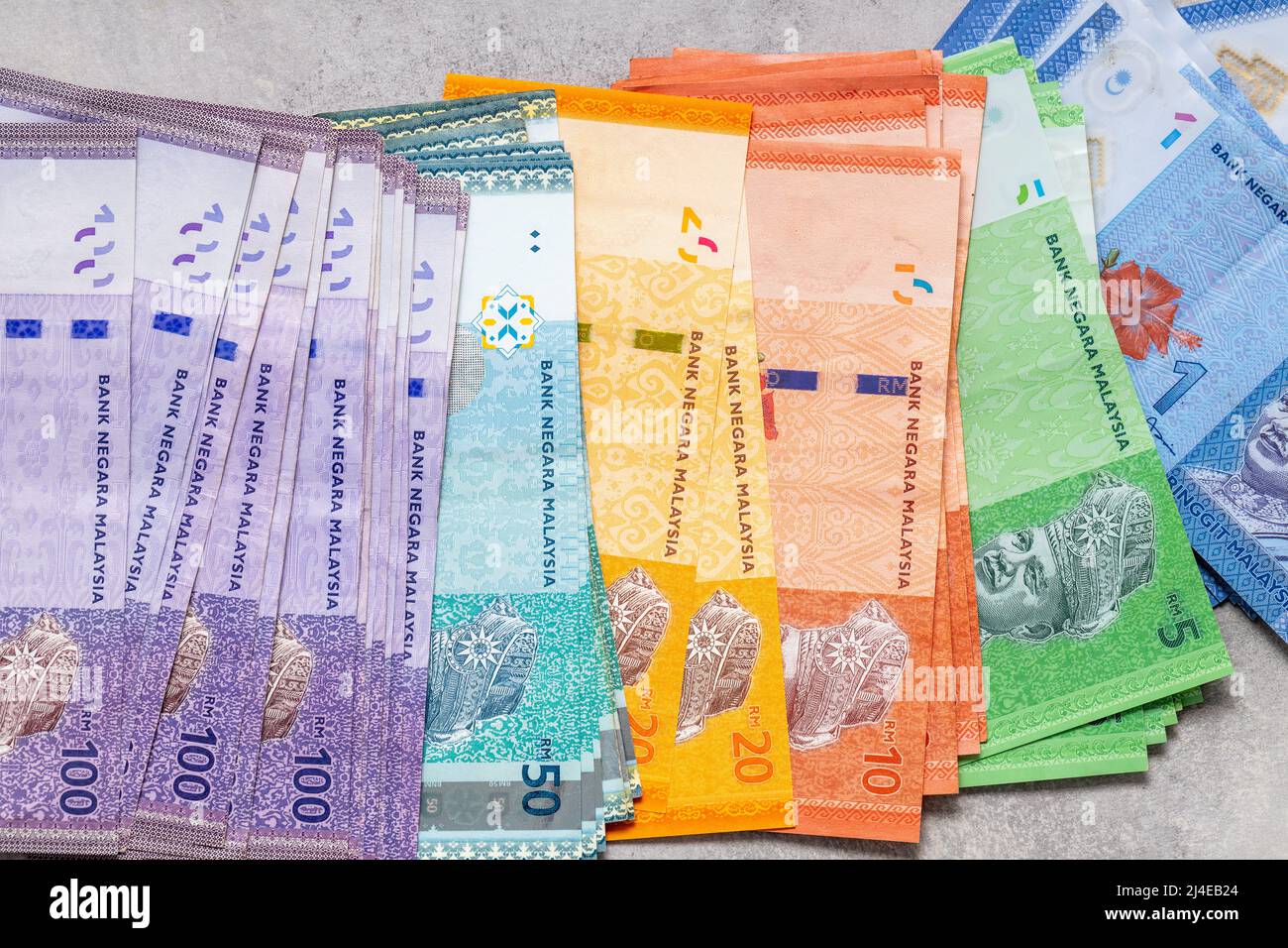 Malaysian money spread out on the table, all ringgit banknotes, concept ...