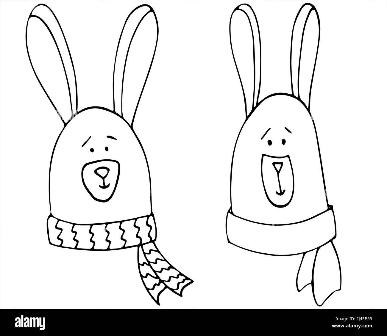Two Cute rabbits faces doodle illustration. Hand drawn baby vector ...