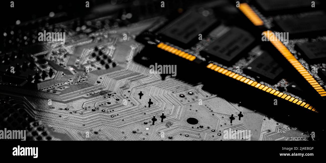 Macro Close Up Of Computer Ram Chip Random Access Memory Chip Slot For