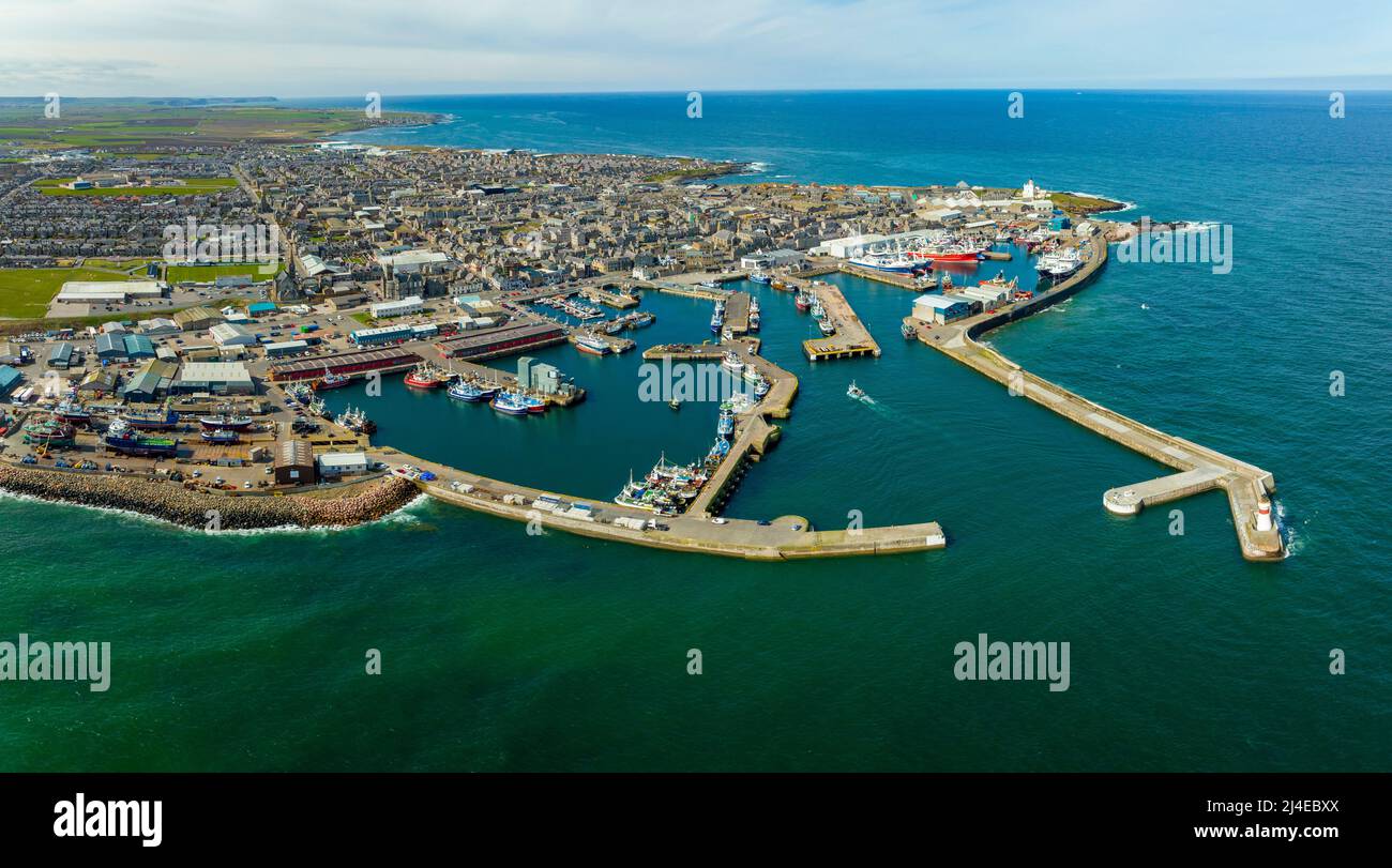 Aerial view of fishing port and harbour at Fraserburgh in Aberdeenshire ...