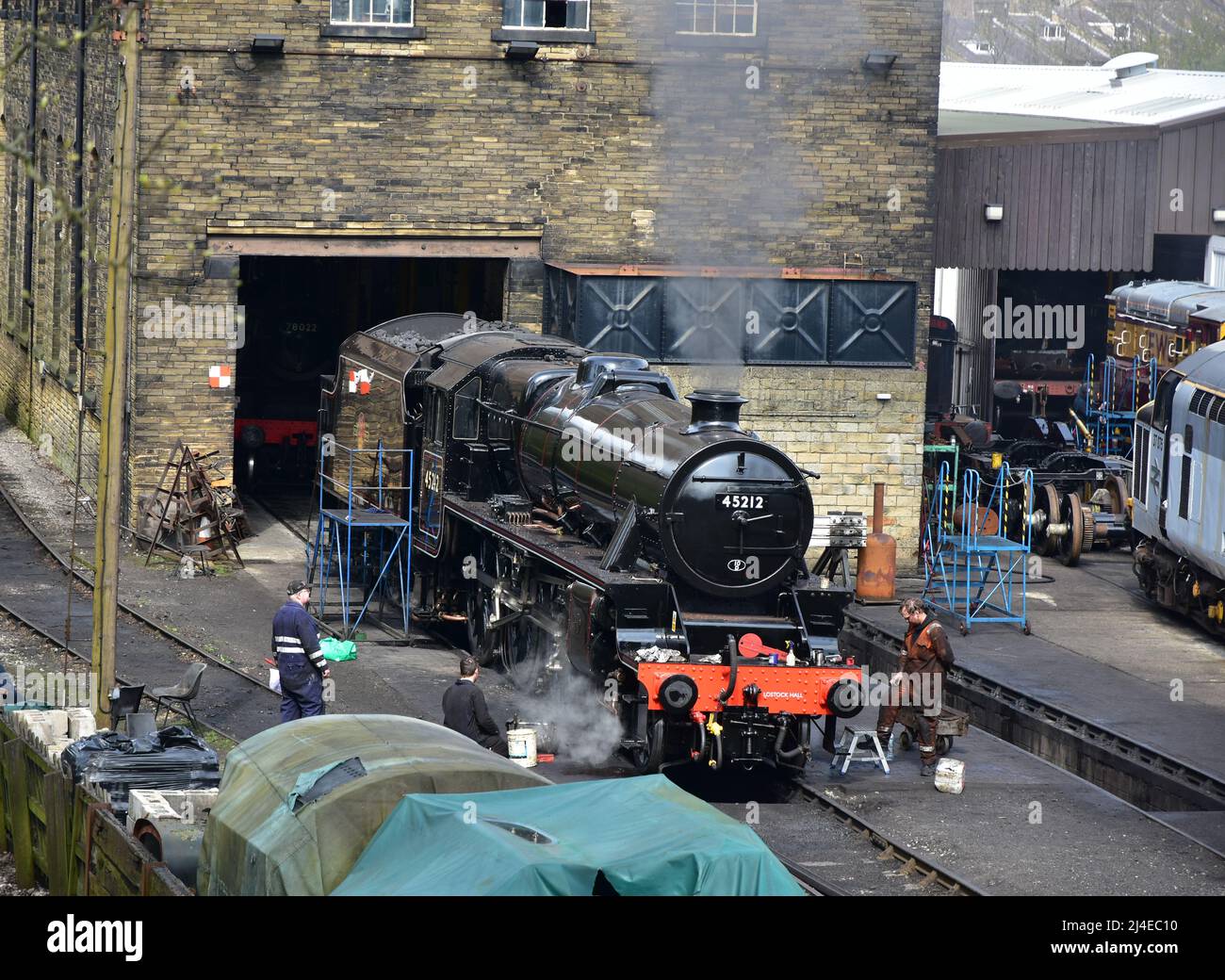Steam train, Haworth railway station, engine sheds, K.W.V.R, West ...