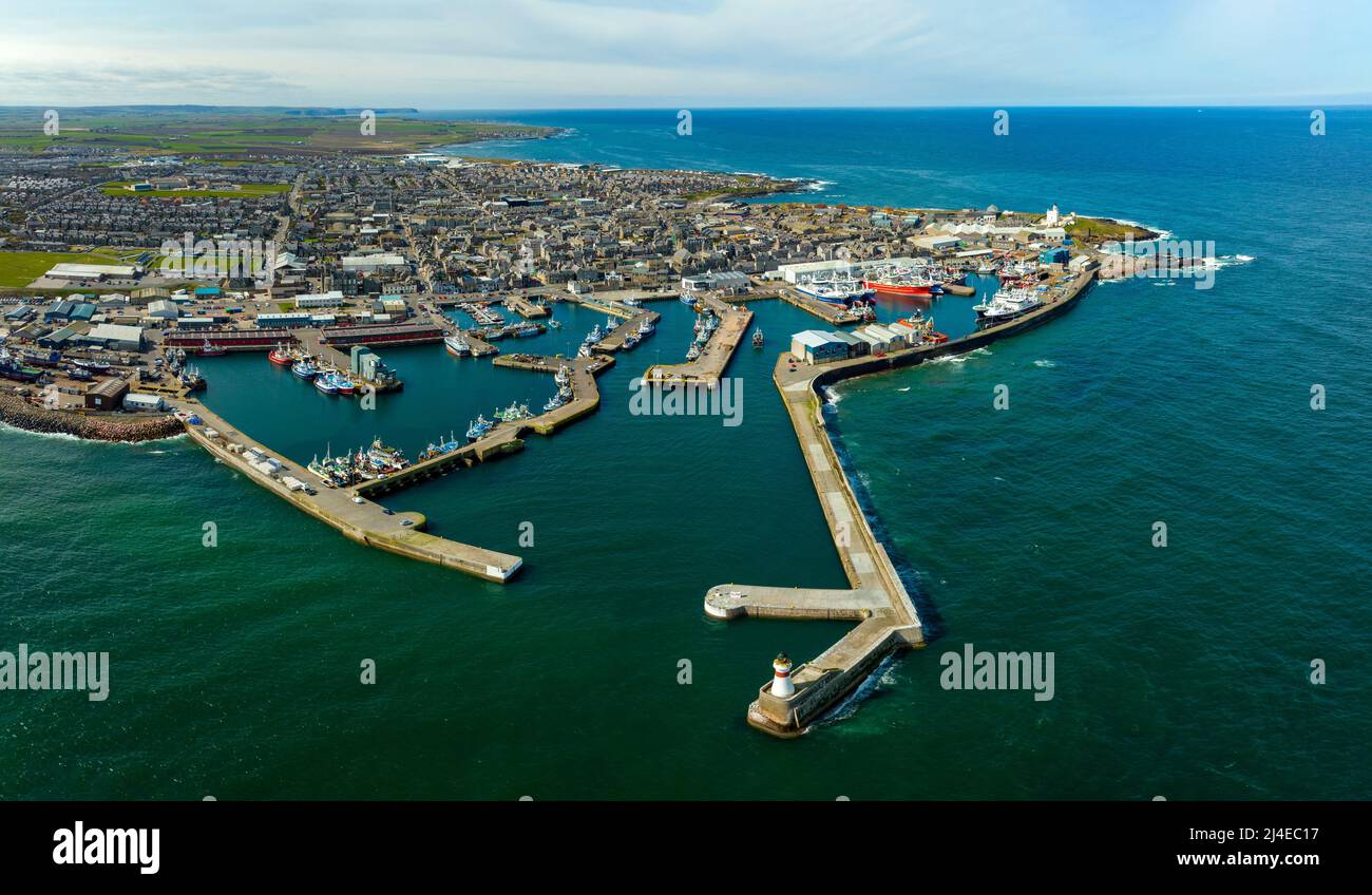 Aerial view of fishing port and harbour at Fraserburgh in Aberdeenshire ...