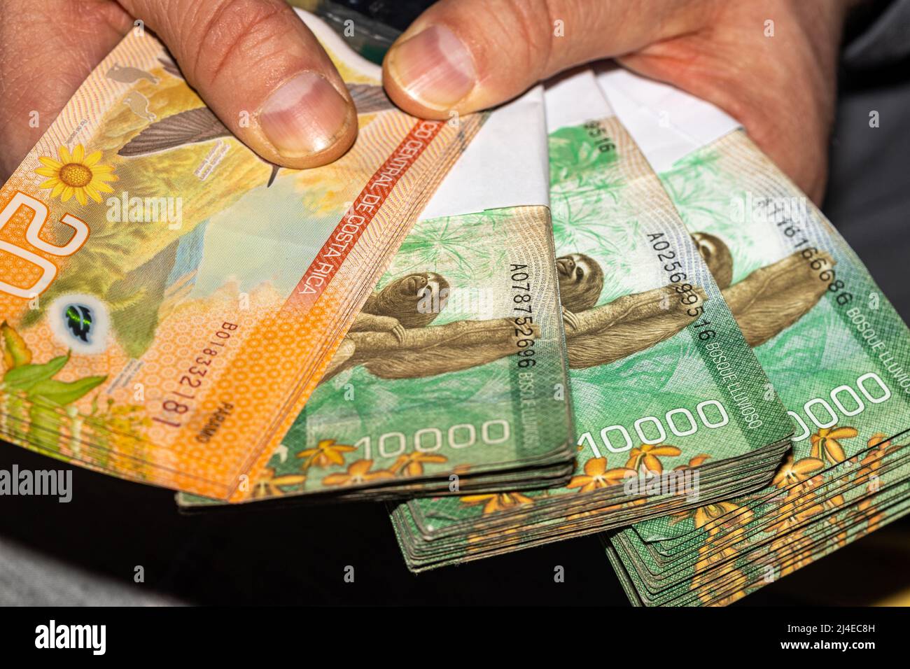 Costa Rica money, large amounts of cash, Files of banknotes of 10 and ...