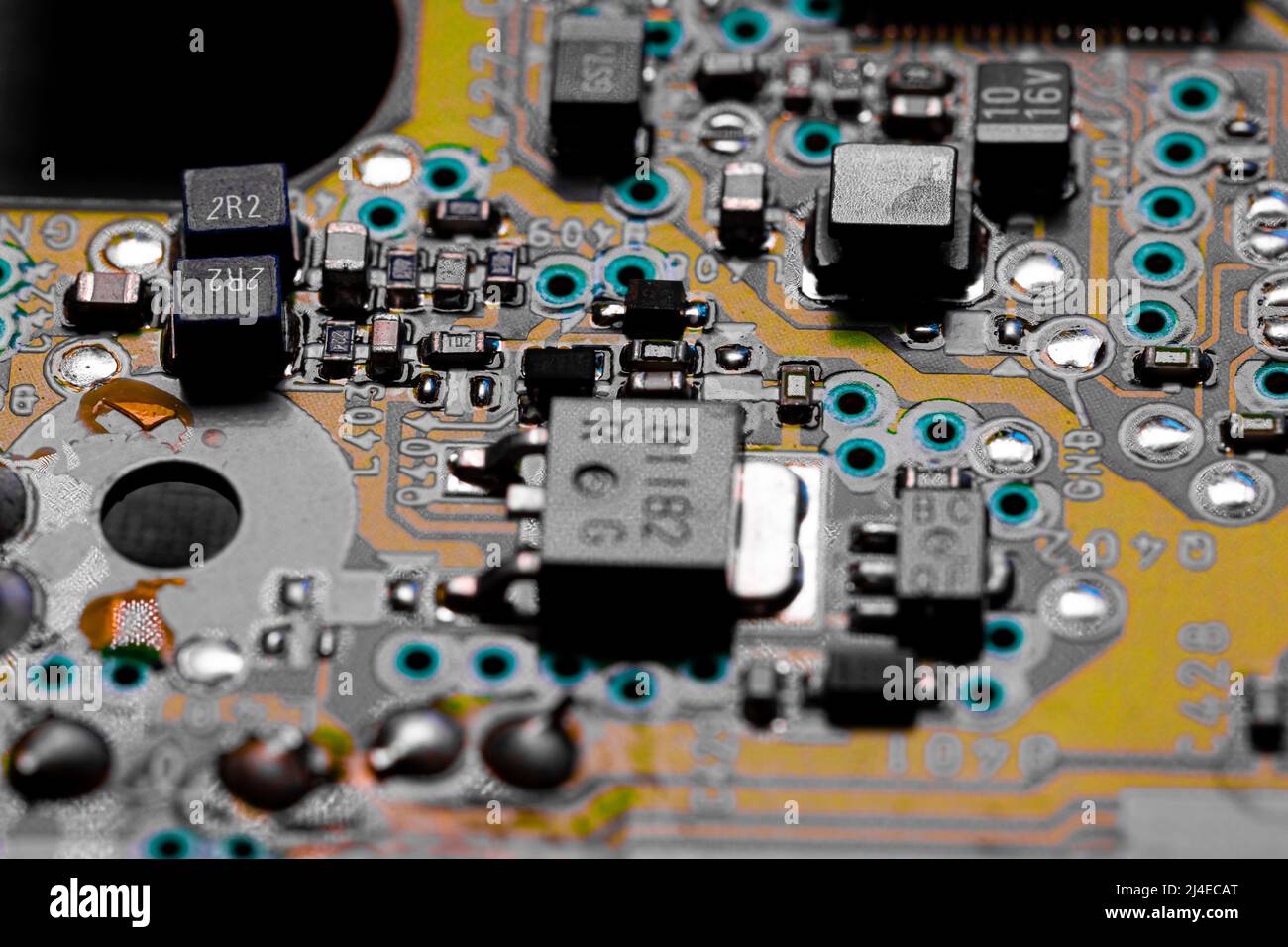 Macro Close up of printed wiring and components on PC circuit board ...