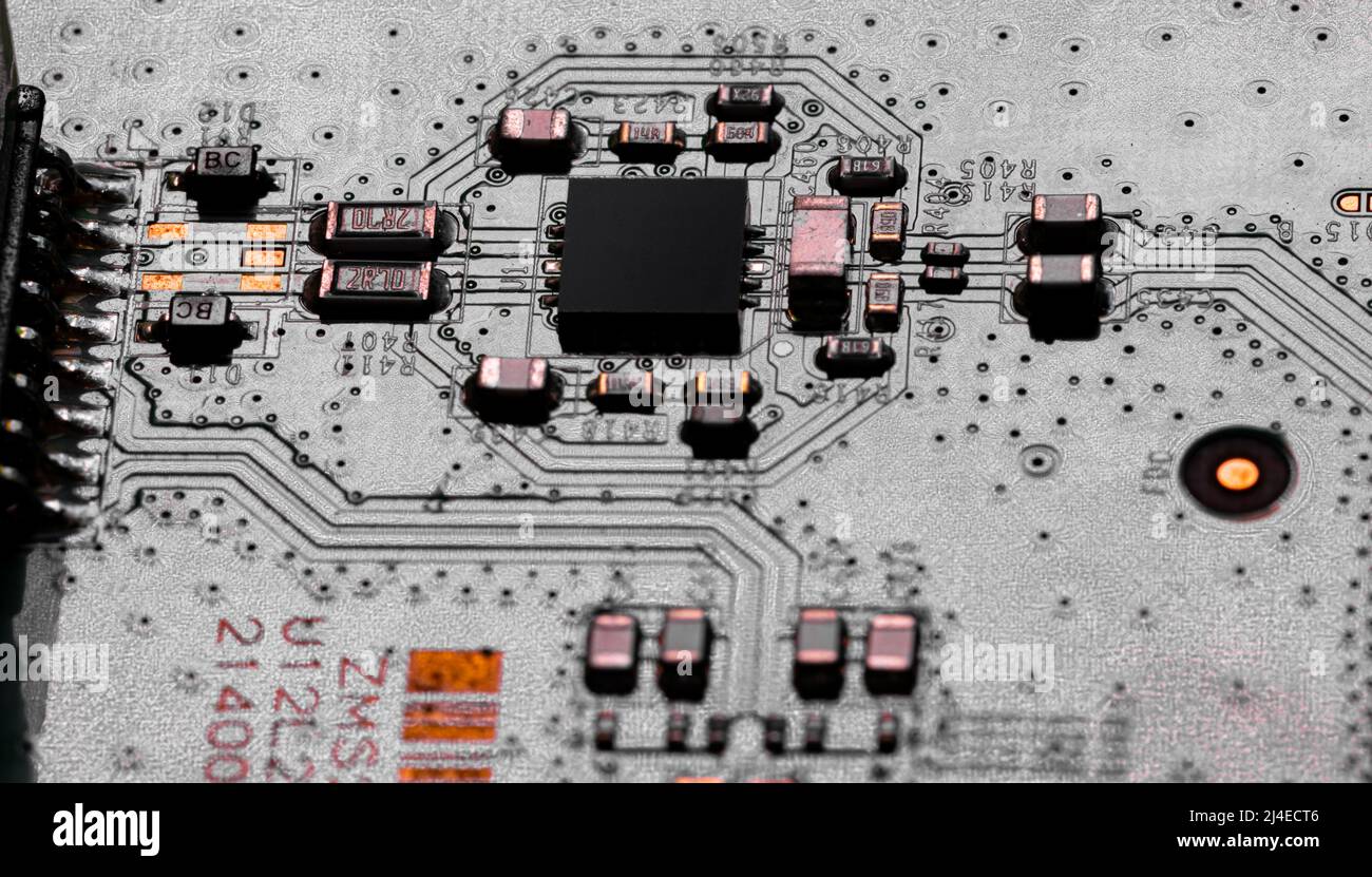 Macro Close up of components and microchips on PC circuit board Stock ...