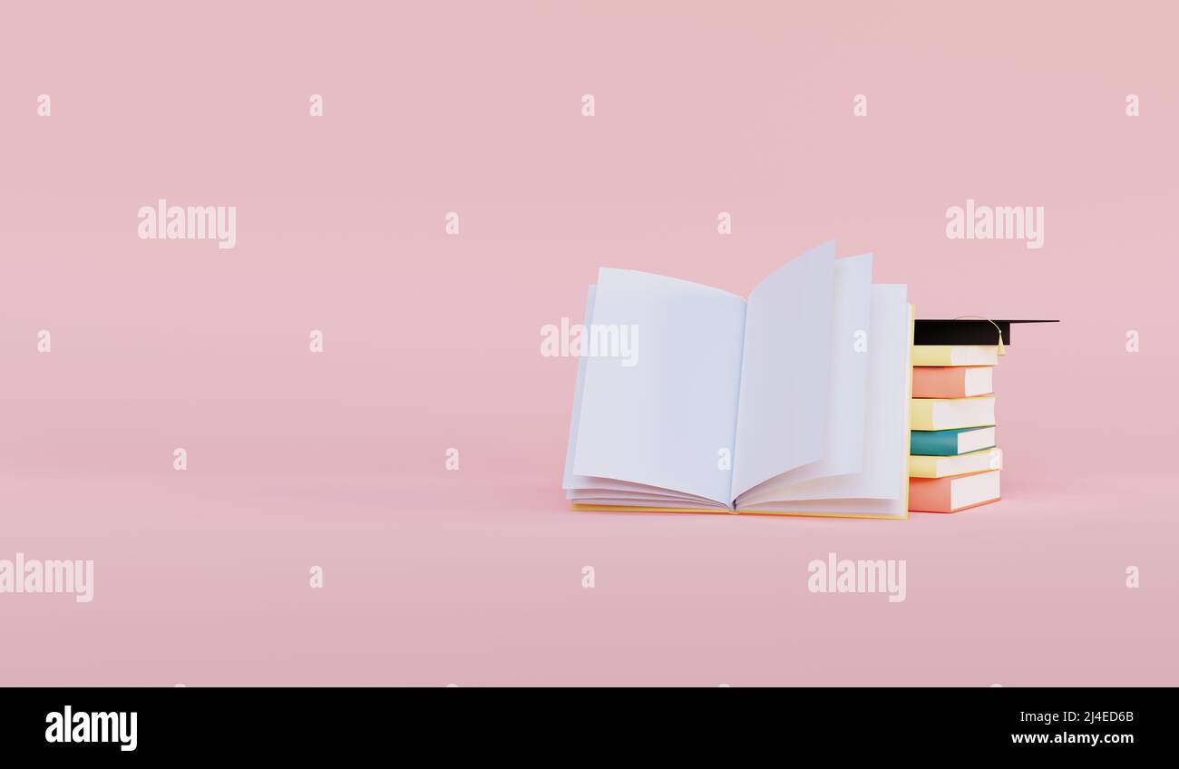 Stack of books, open book and graduation cap on pink background. Online ...