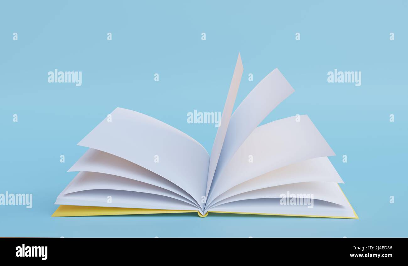 Yellow covered open book on blue background. Front view. Online ...