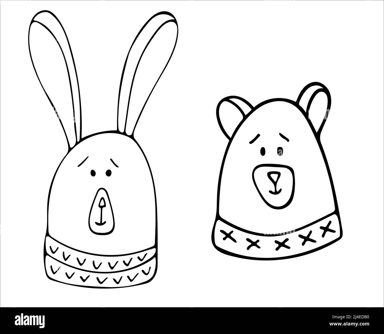 Two Cute rabbit and bear faces doodle illustration. Hand drawn baby ...