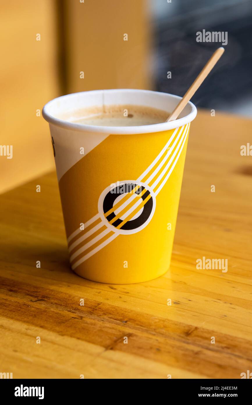PALMIRA, COLOMBIA - SEPTEMBER 2021. Steaming coffee cup at the Tostao ...