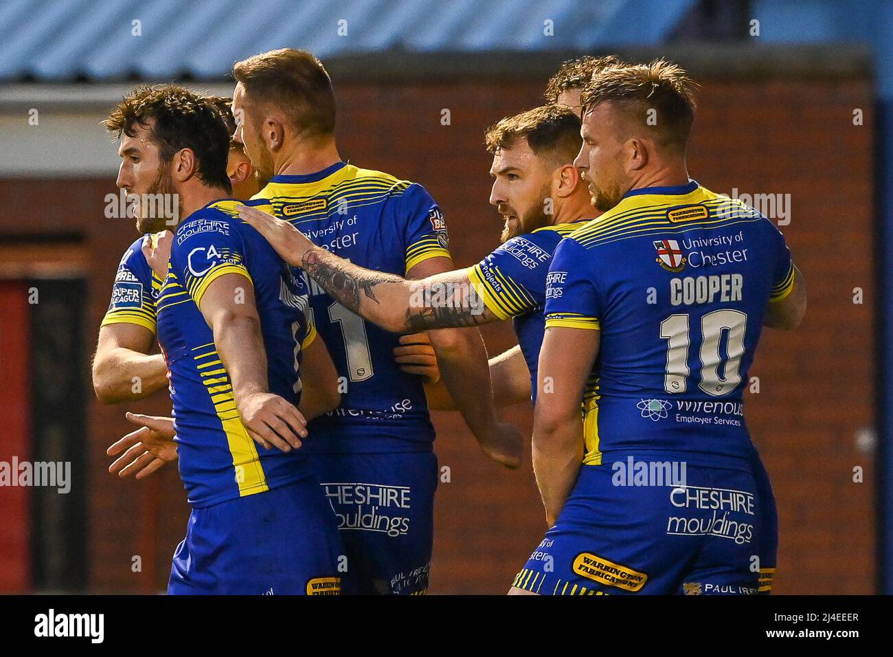 Toby King #4 of Warrington Wolves celebrates his try Stock Photo - Alamy