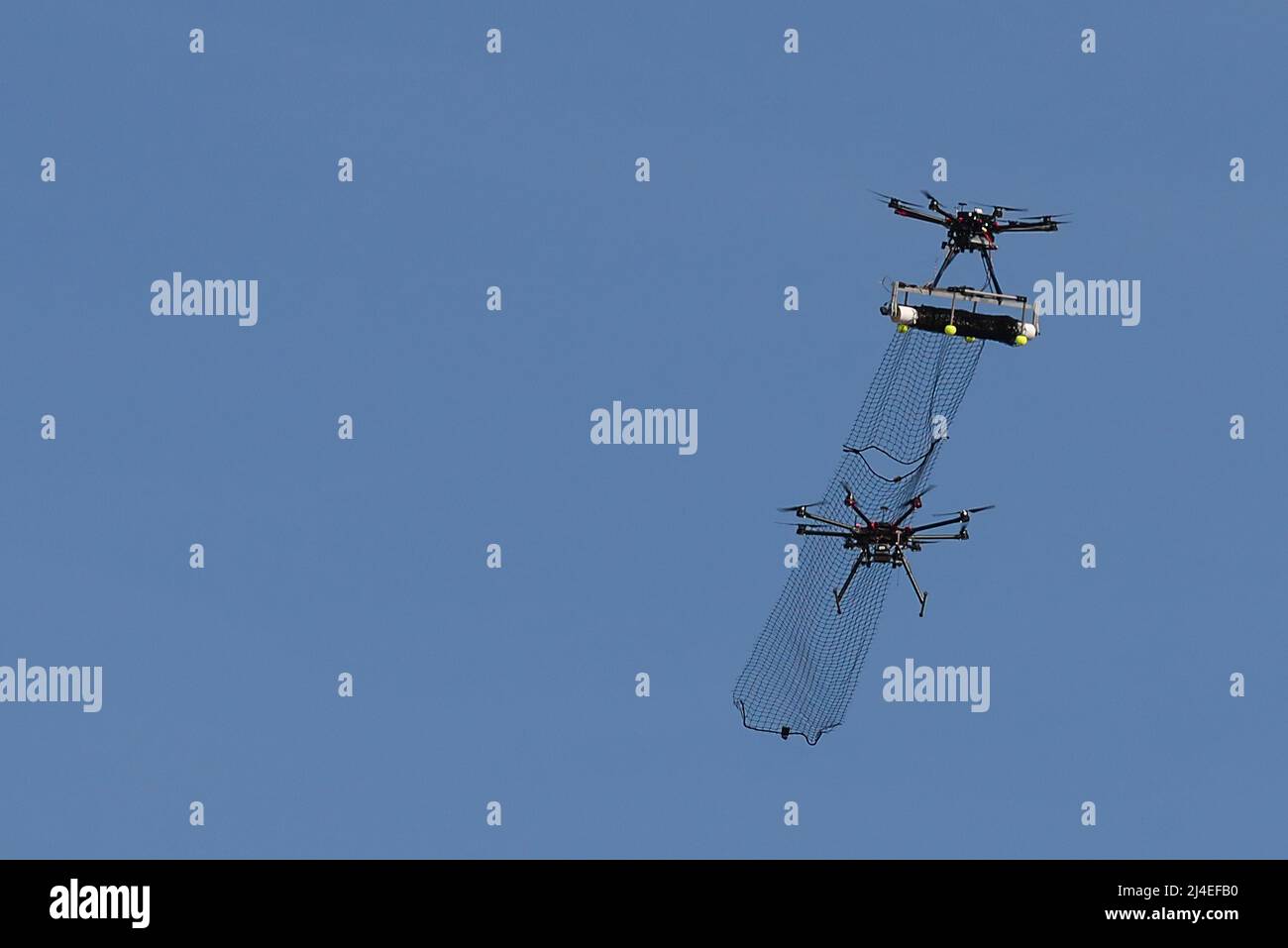 An attack drone with attached net, part of the counter-unmanned aerial ...