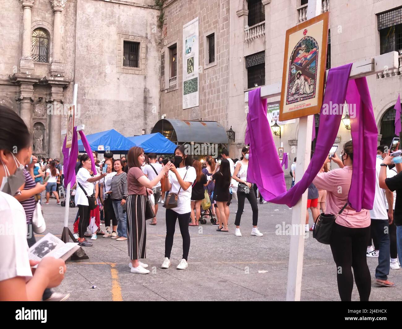 Manila, Philippines. 14th Apr, 2022. Catholic devotees flock at San Agustin Church yard during ...