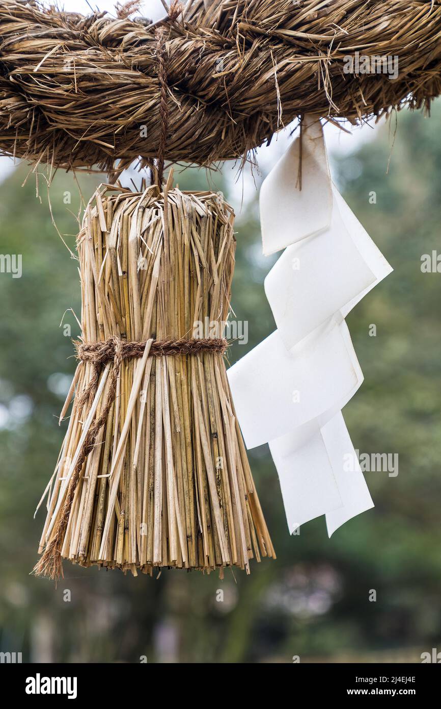Shide paper streamer used in Shinto rituals, Beppu Benten Pond, Japan ...