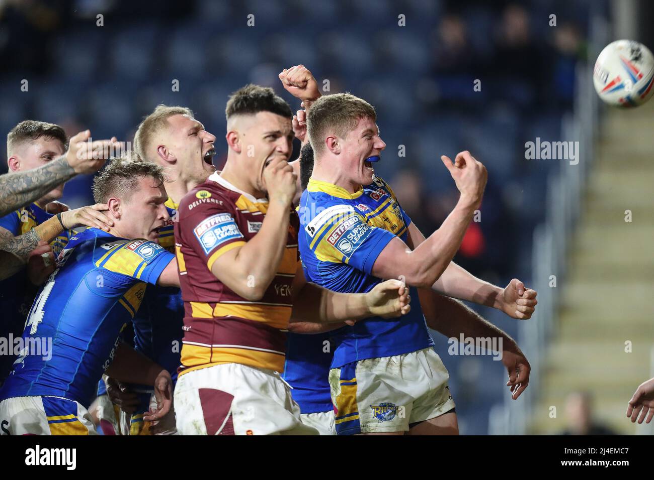 Leeds, UK. 14th Apr, 2022. Morgan Gannon (21) of Leeds Rhinos ...