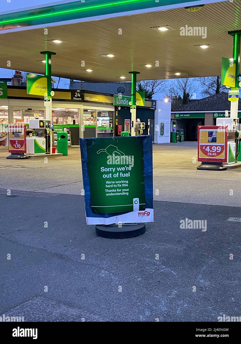 General view of a petrol station in Cambridge, which has a sign saying ...