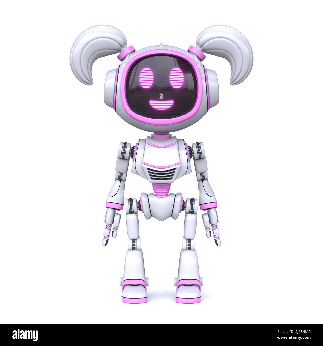 Cute pink girl robot standing 3D rendering illustration isolated on ...