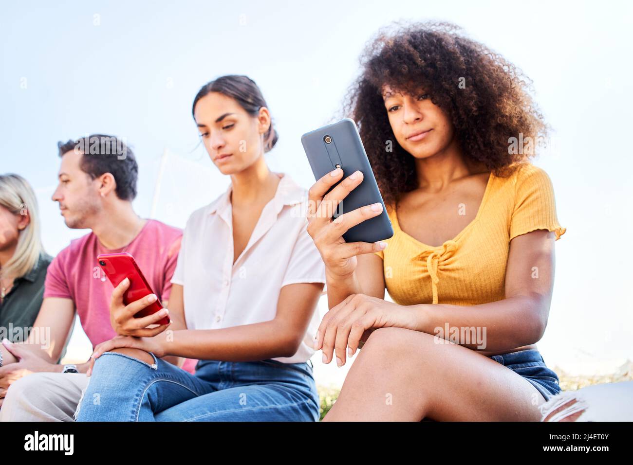 Friends Using Phone Dependency Social Media And Technology Insane Young