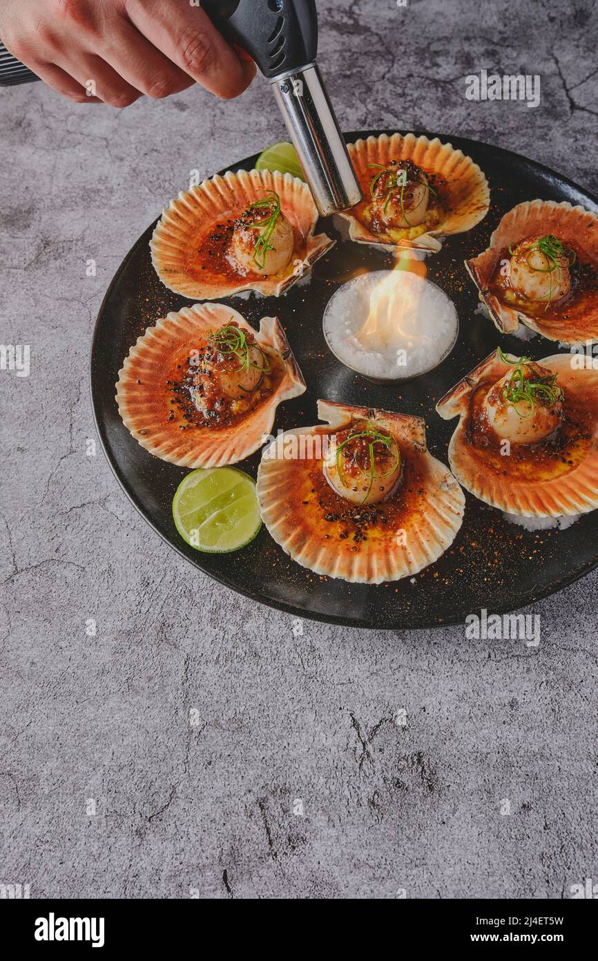 Scallops with flamed shells on a black plate. Luxury restaurant food ...