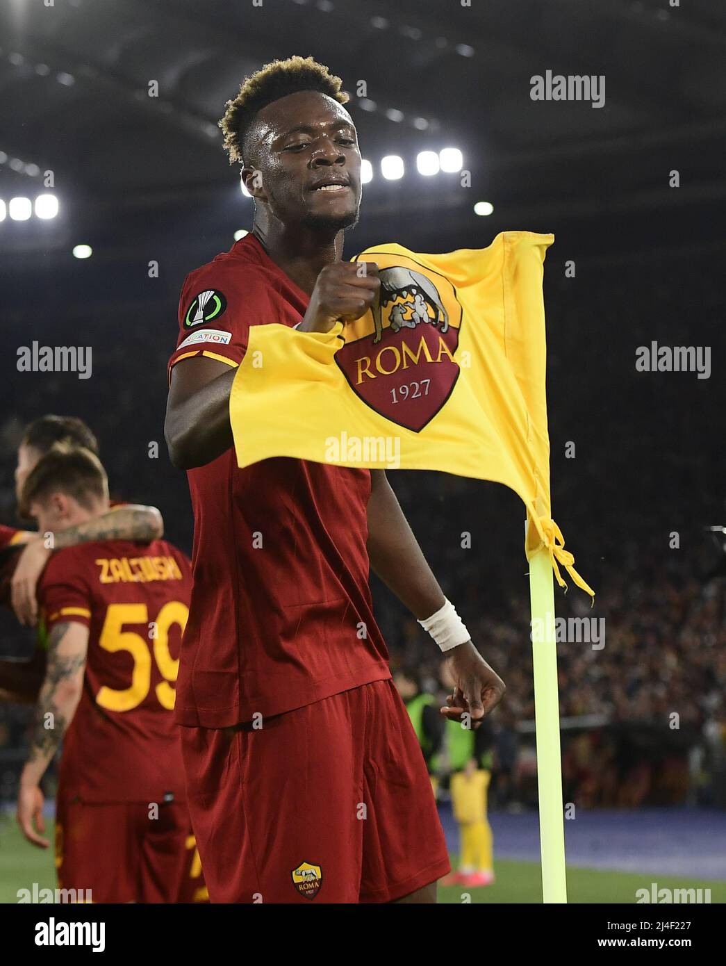 Roma, Italy. 14th Apr, 2022. Roma's Tammy Abraham celebrates his goal ...