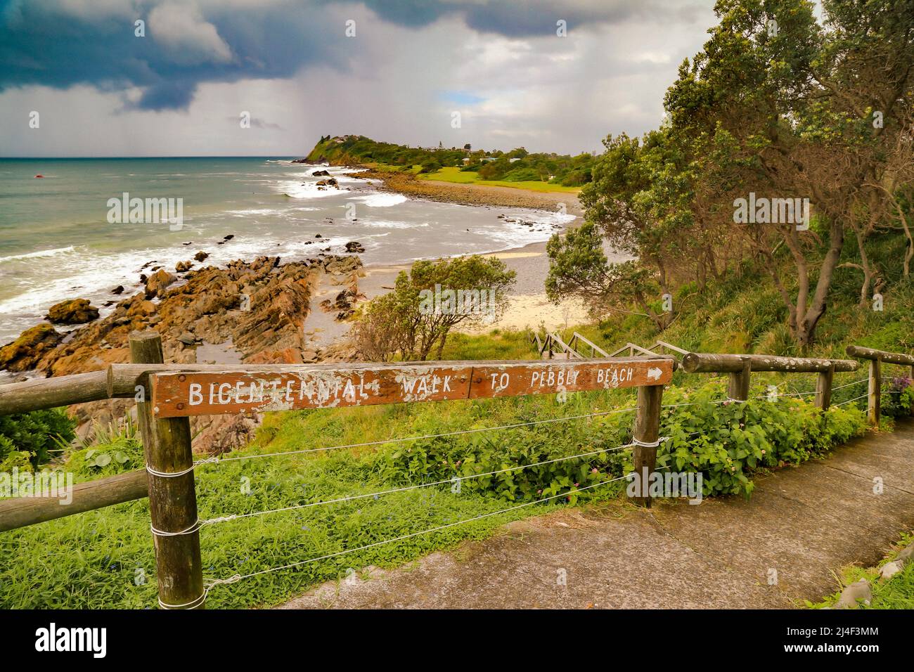 Beach access stairs to Pebbly Beach at Forster NSW Australia with storm ...