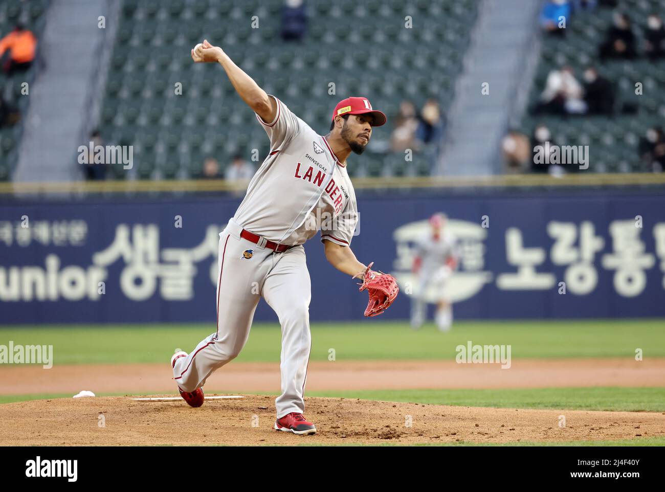 15th Apr, 2022. Baseball: LG Twins vs. SSG Landers SSG Landers starter Wilmer Font throws a ...