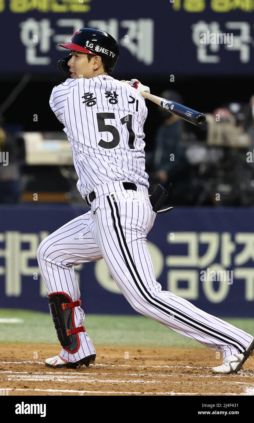 15th Apr, 2022. Baseball: LG Twins vs. SSG Landers Hong Chang-ki of the LG Twins hits a single ...
