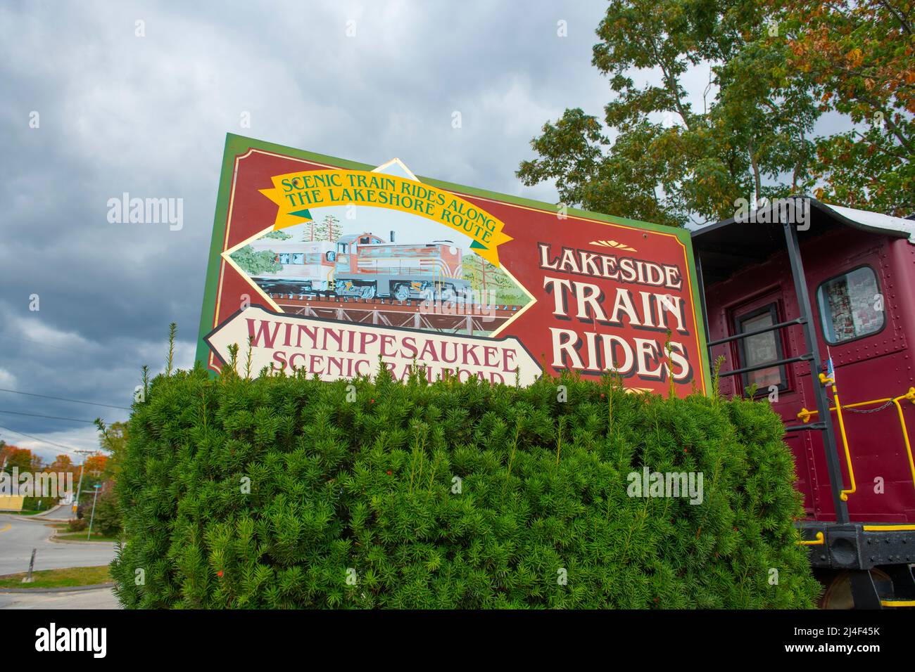 Sign of Winnipesaukee Scenic Railroad at Meredith station in historic ...