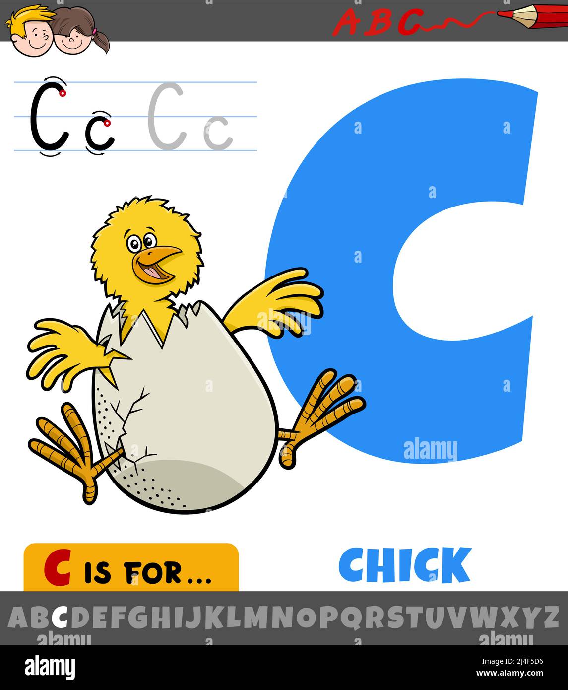 Educational cartoon illustration of letter C from alphabet with chick ...