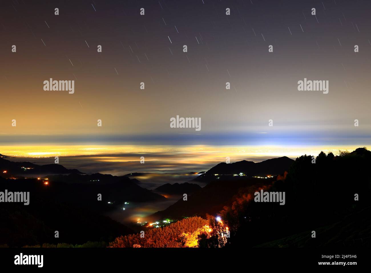 Night view in Alishan National Forest Recreation Area, situated in ...