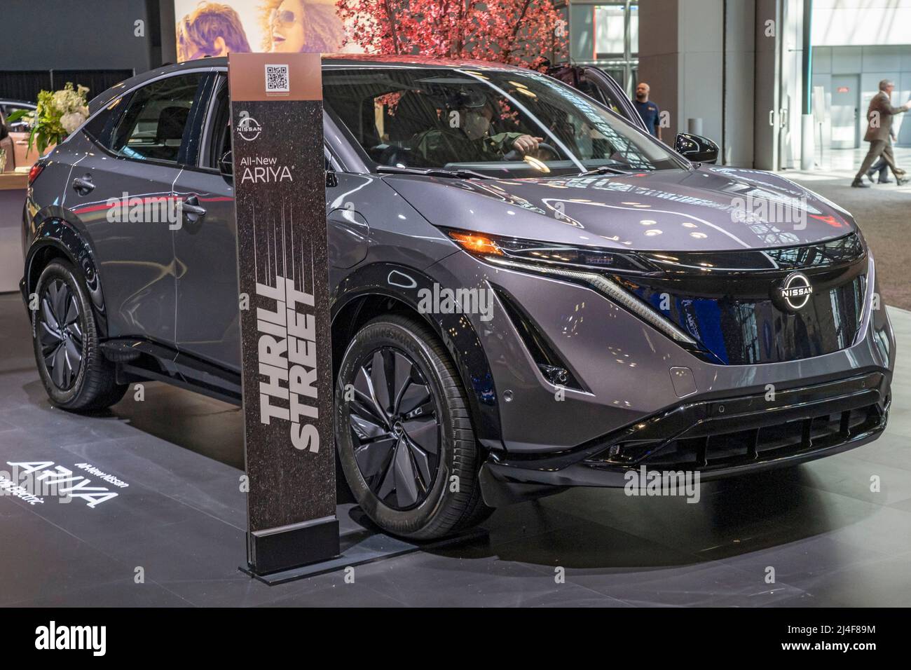 NEW YORK, NEW YORK - APRIL 13: The Electric Nissan Ariya sits on ...