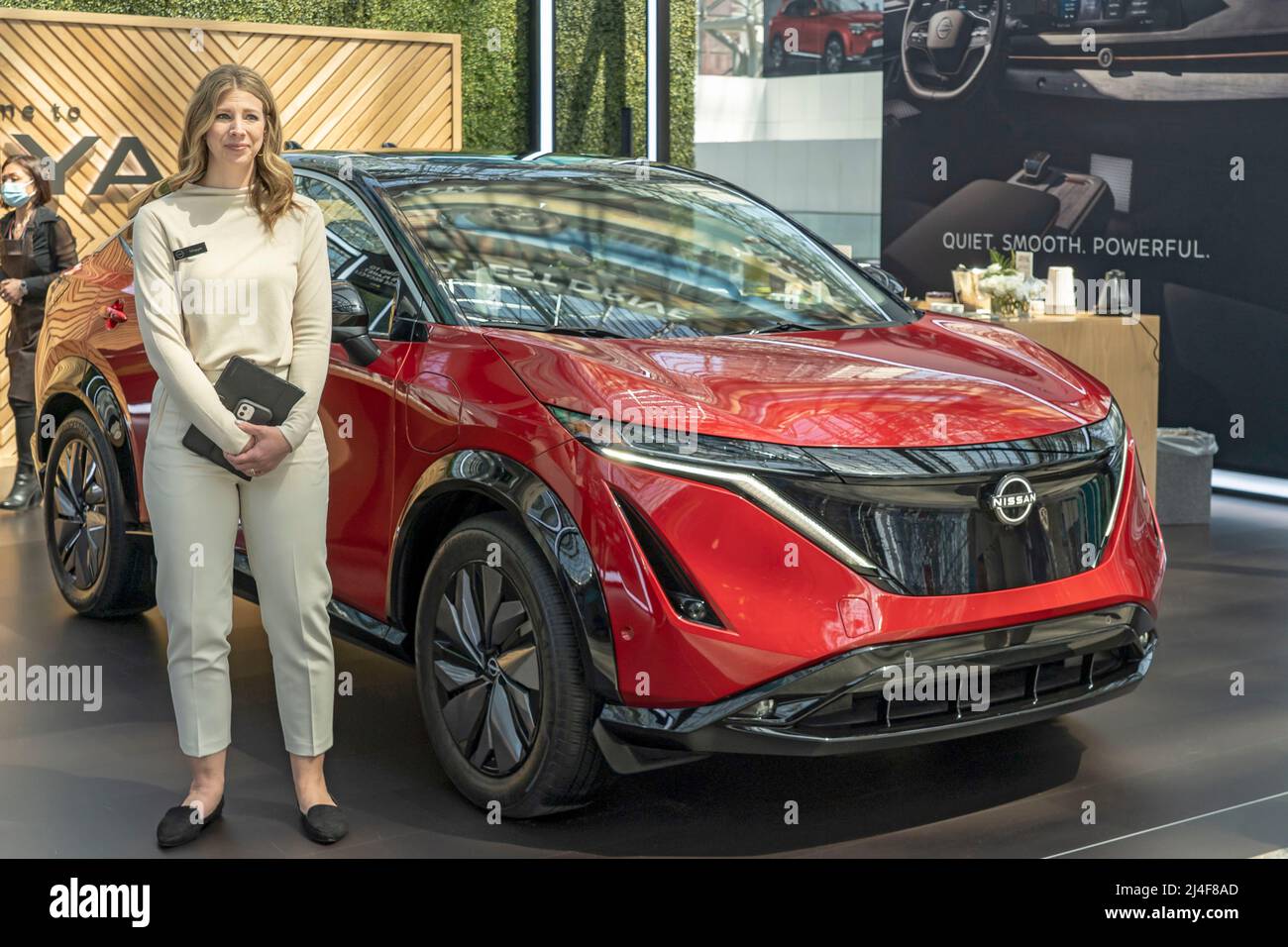 NEW YORK, NEW YORK - APRIL 13: The Electric Nissan Ariya sits on ...