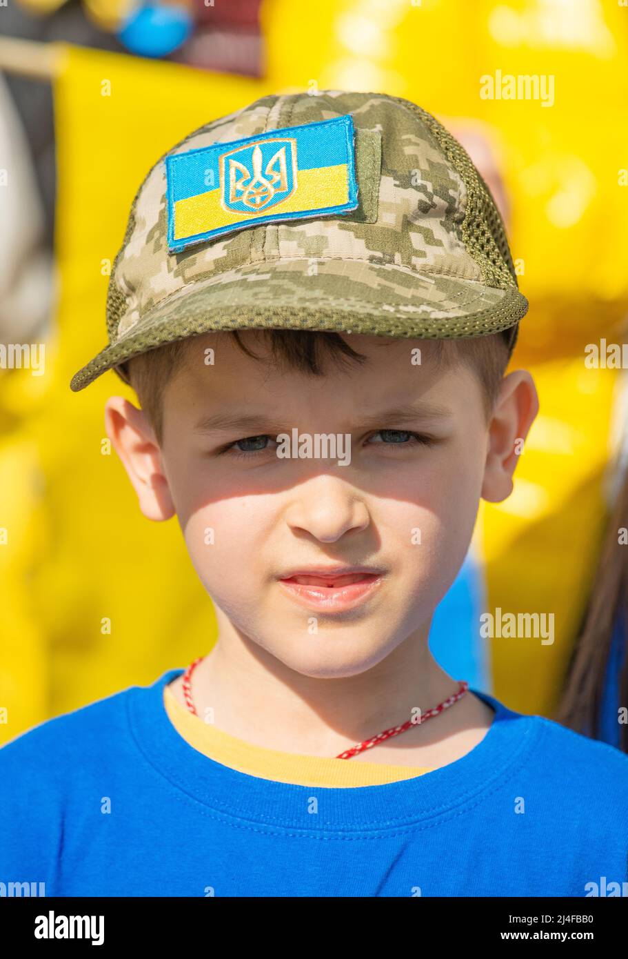 Young Ukrainian boy at the London Stands With Ukraine rally, Park Lane ...