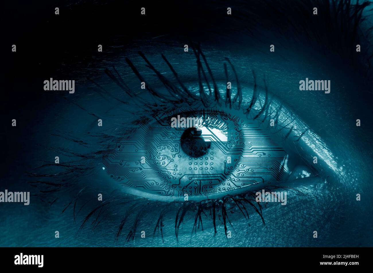 dark woman eye with computer board superimposed, digital future and ...