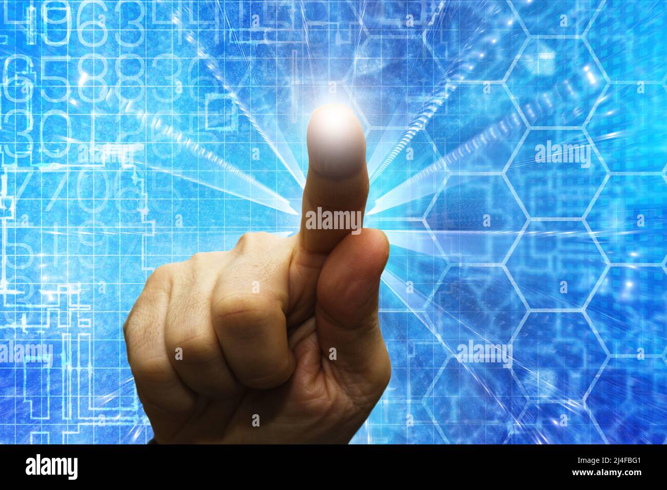 hand touching a screen with technology background Stock Photo - Alamy