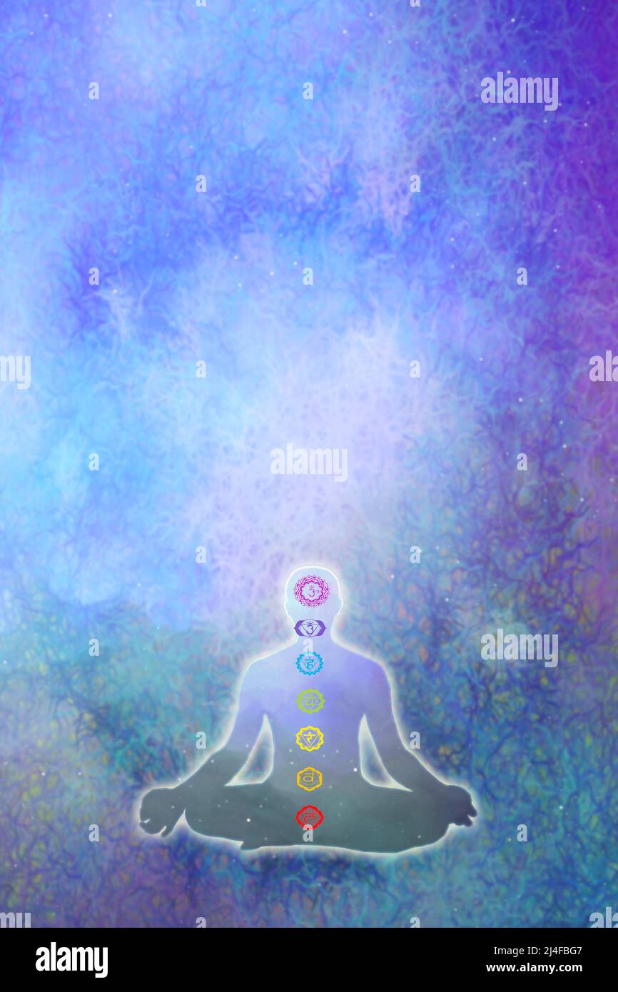 human figure in yoga pose lotus with chakras Stock Photo - Alamy