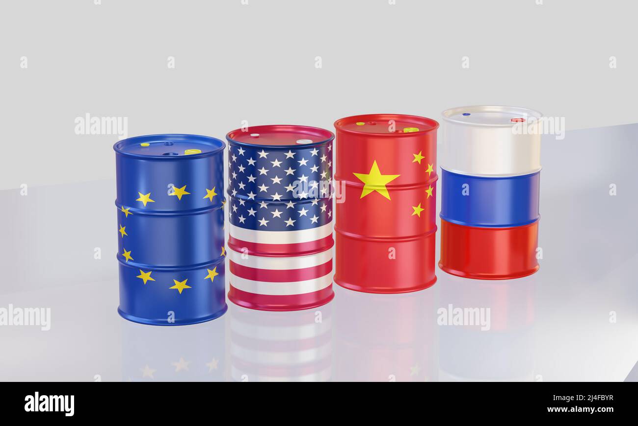 isolated 3d render of crude oil barrels in different countries Stock ...