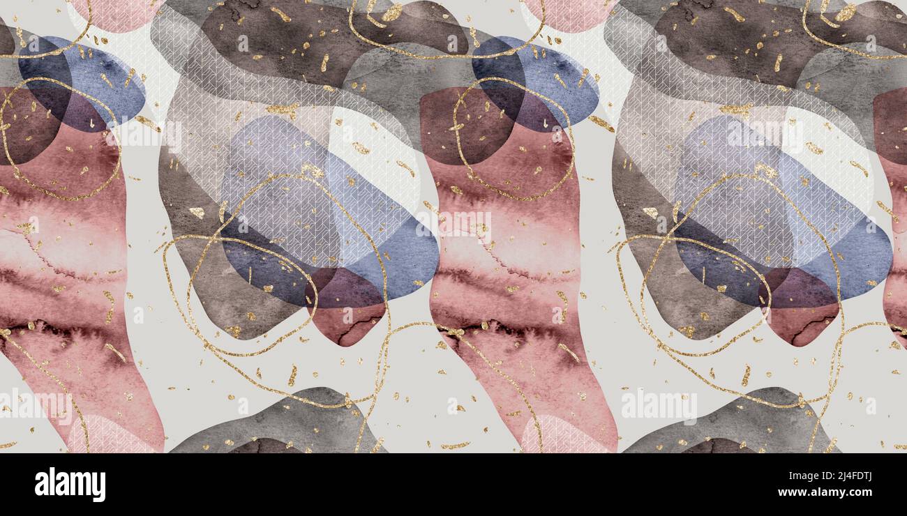 Seamless watercolor abstract organic blob shape overlay with gold lines ...