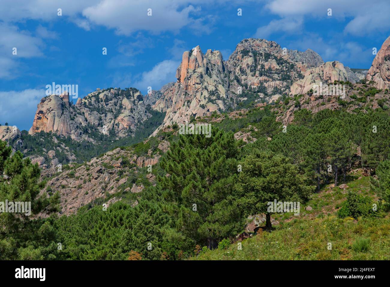 In the south of Corsica, the Aiguilles de Bavella tower into the sky ...