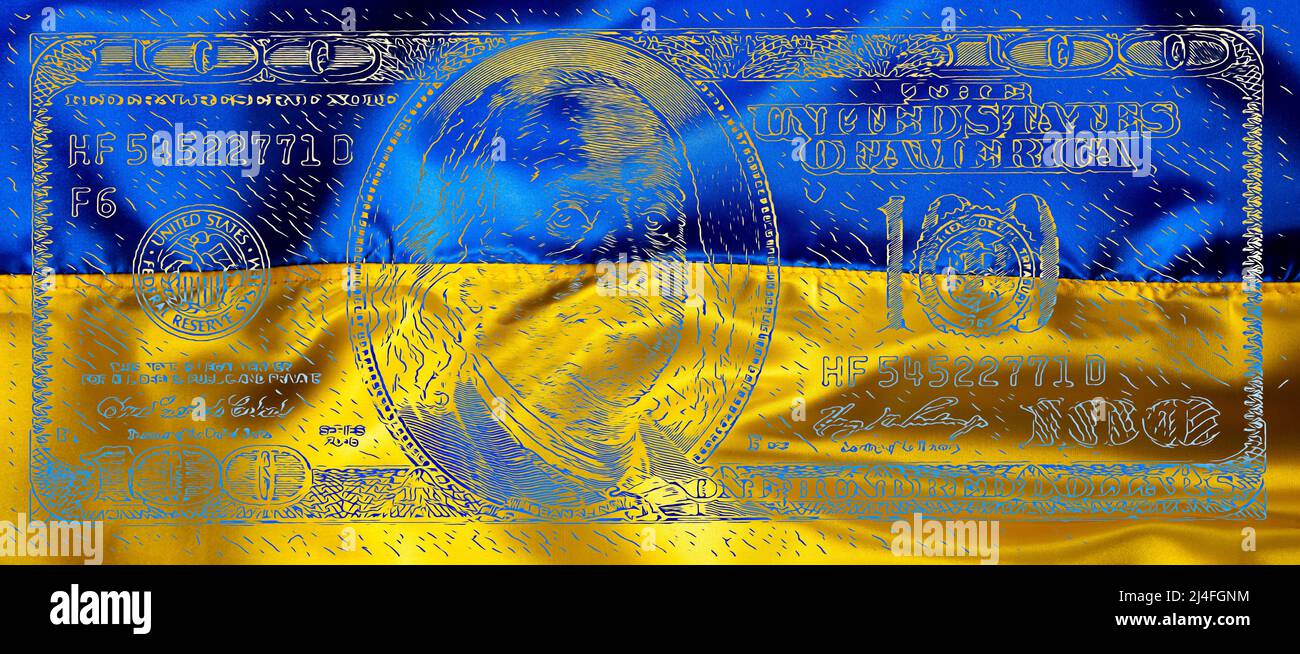 Transparent US 100 dollar banknote on Ukrainian national flag ...