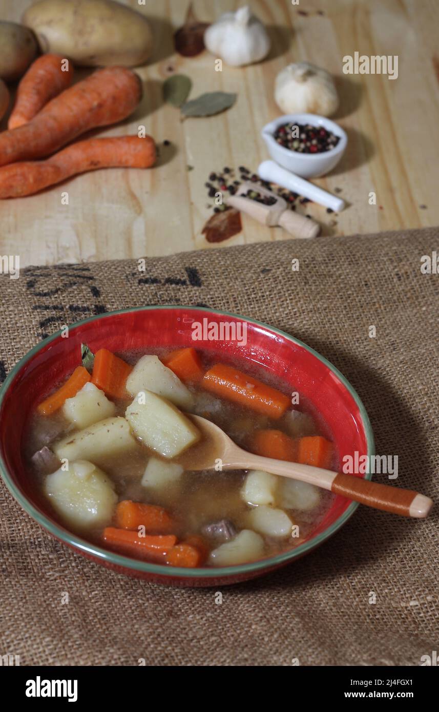 Beef Stew With Potato and and Carrots on Vintage Burlap potato Bag ...
