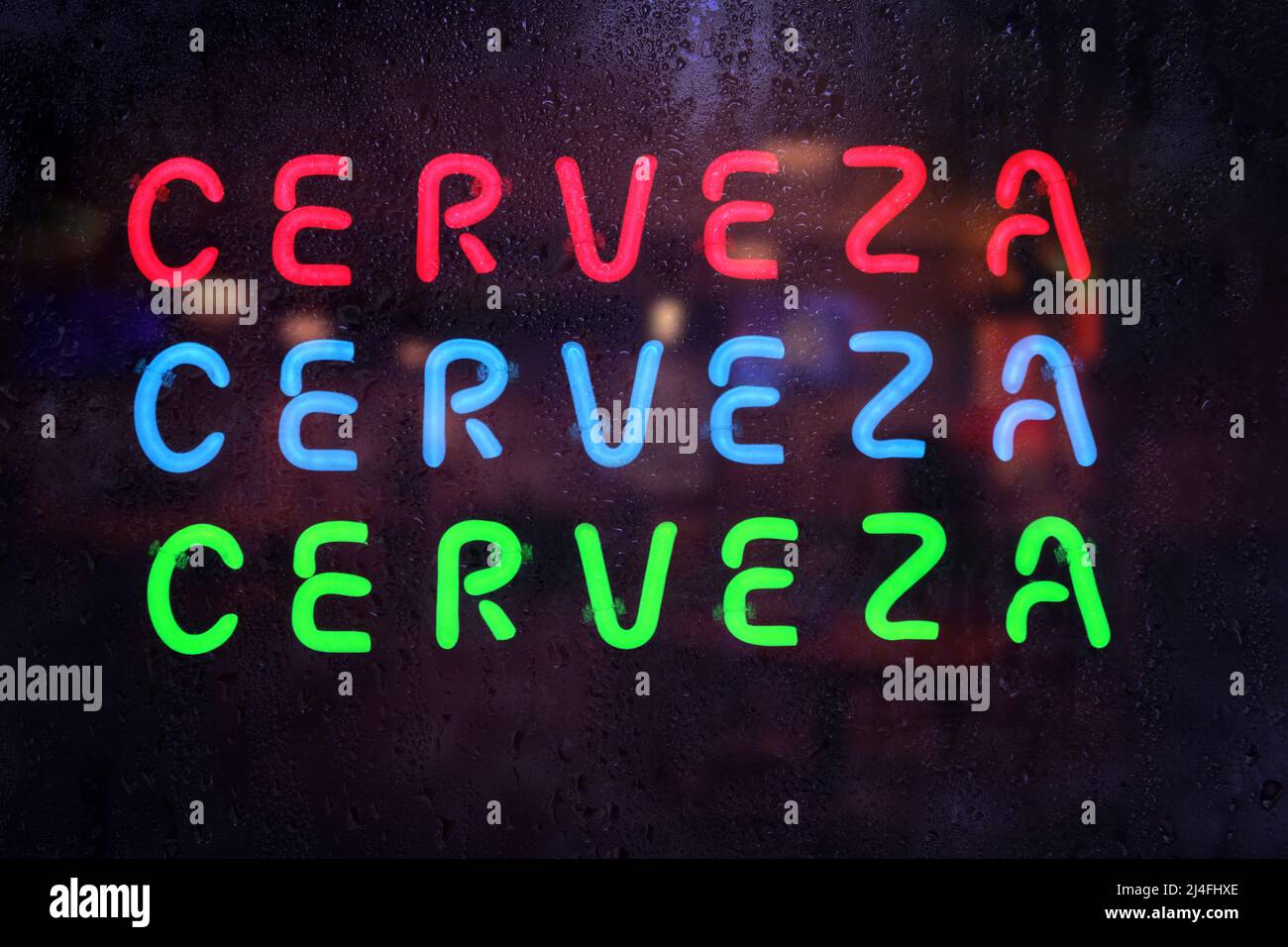 Vintage Neon Cerveza Sign In Rainy Window Cerveza Is Spanish Word For