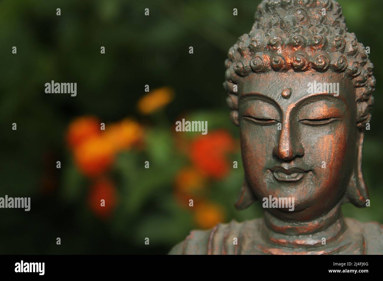 Buddha Statue in Garden with blurred flowers background Stock Photo - Alamy