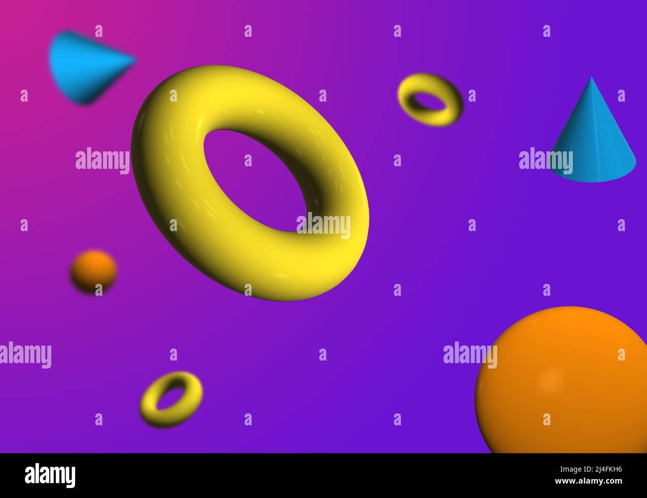 Abstract 3-D geometric shapes background. Donut, sphere and cone shape ...