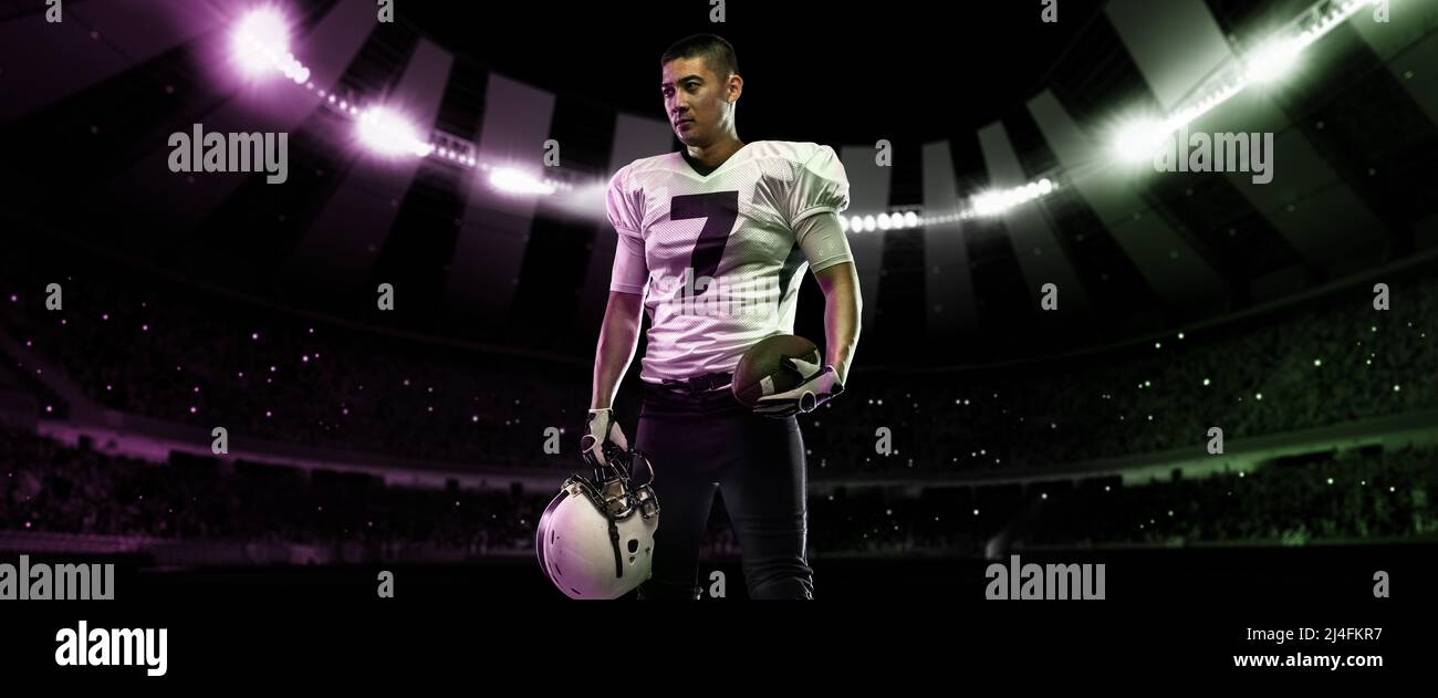 Poster with portait of american football player in sports equipment ...