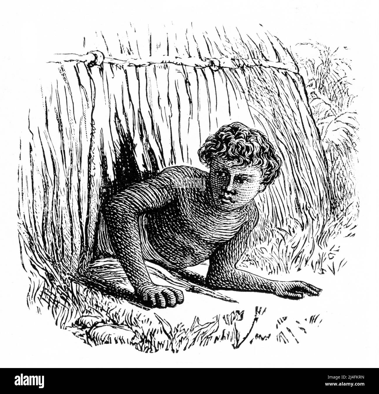 engraving of a young native man escaping from a hut used as a prison ...