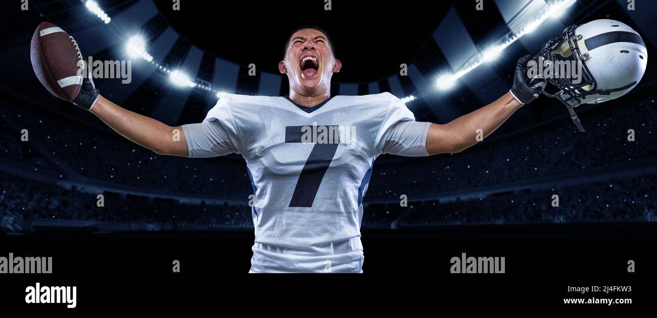Win, success. Poster with excited american football player in sports ...