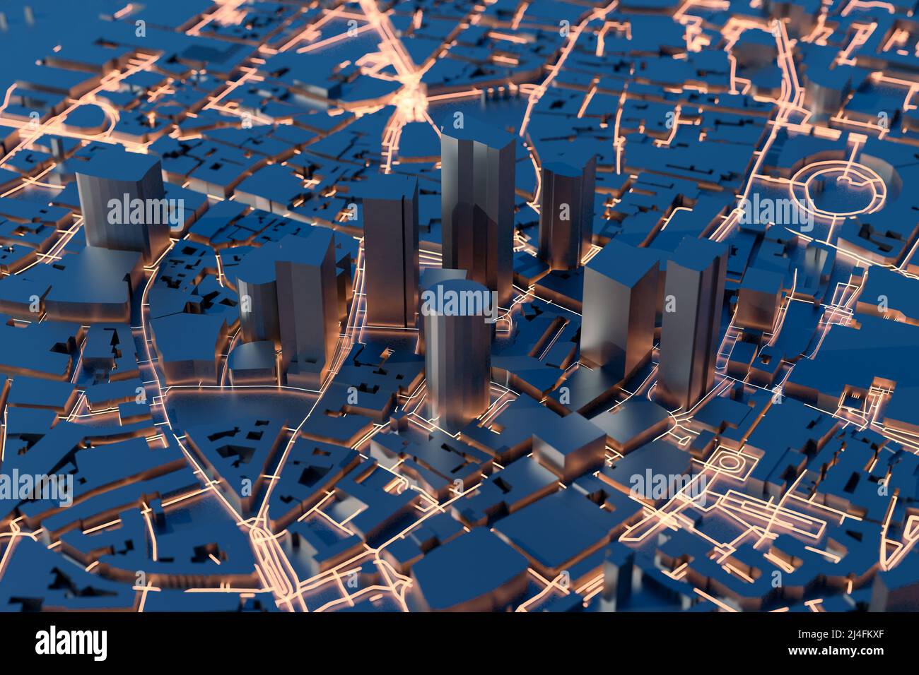 3D city with street lights. Futuristic smart city and urban technology ...